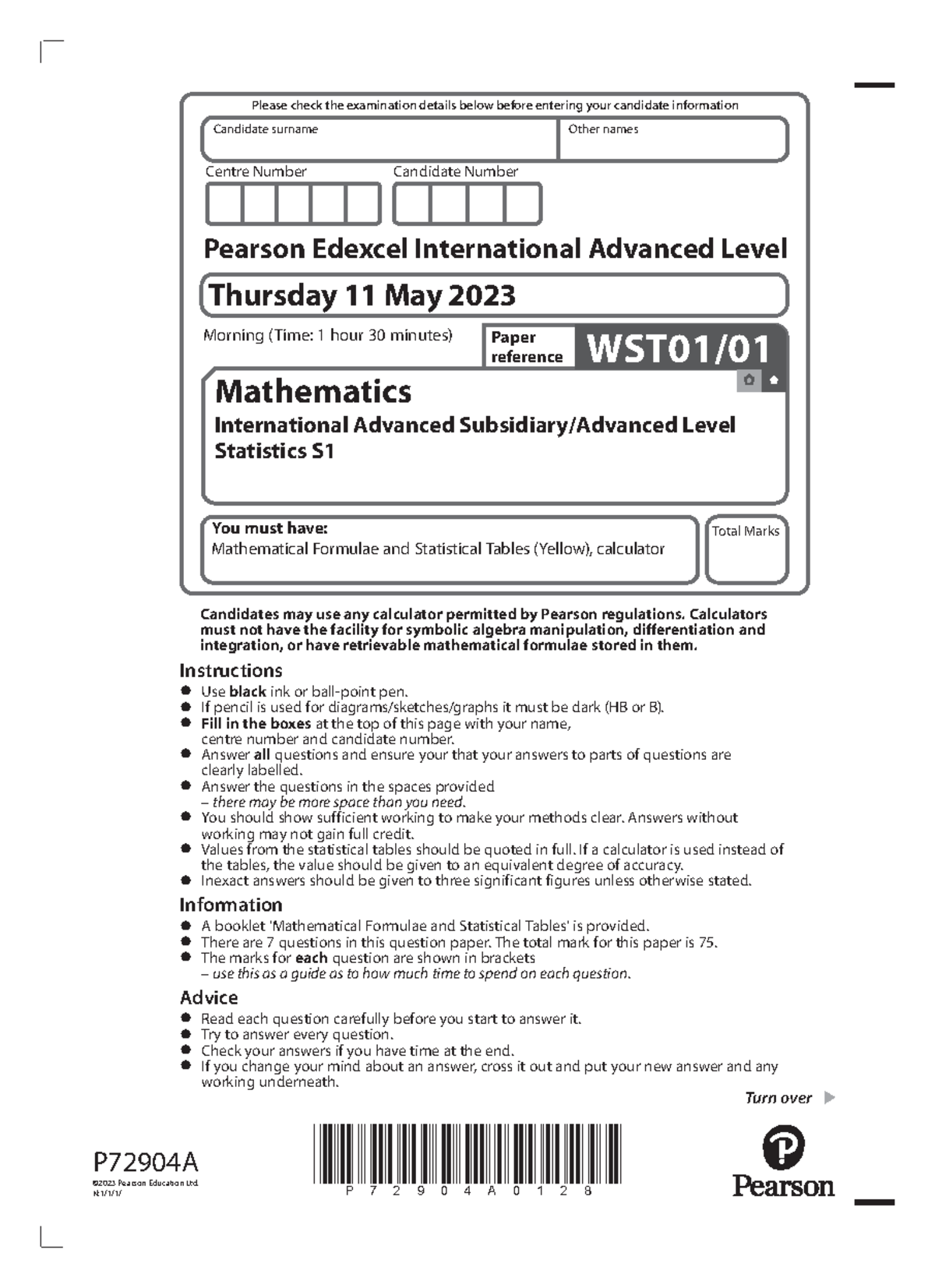 WST01 Statistics Exam Paper - May 11, 2023 (Total Marks: 75) - Studocu
