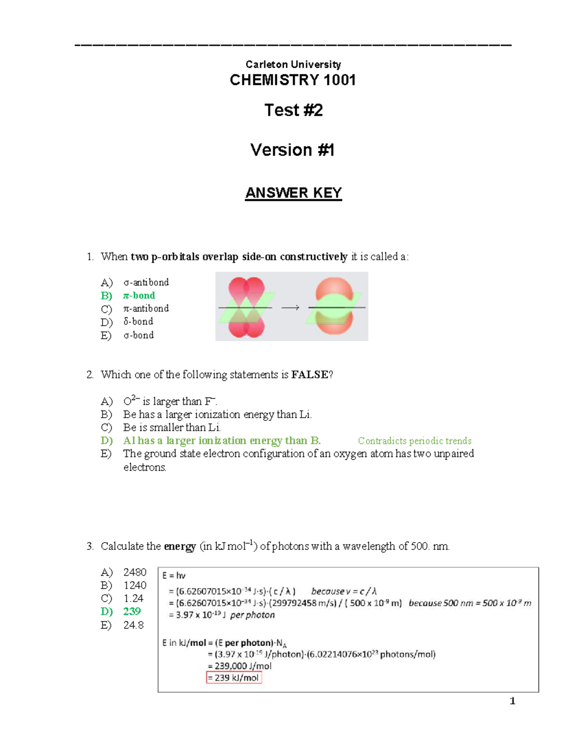 Carleton University CHEMISTRY 1001 Test 2 - Answer Key - Studocu