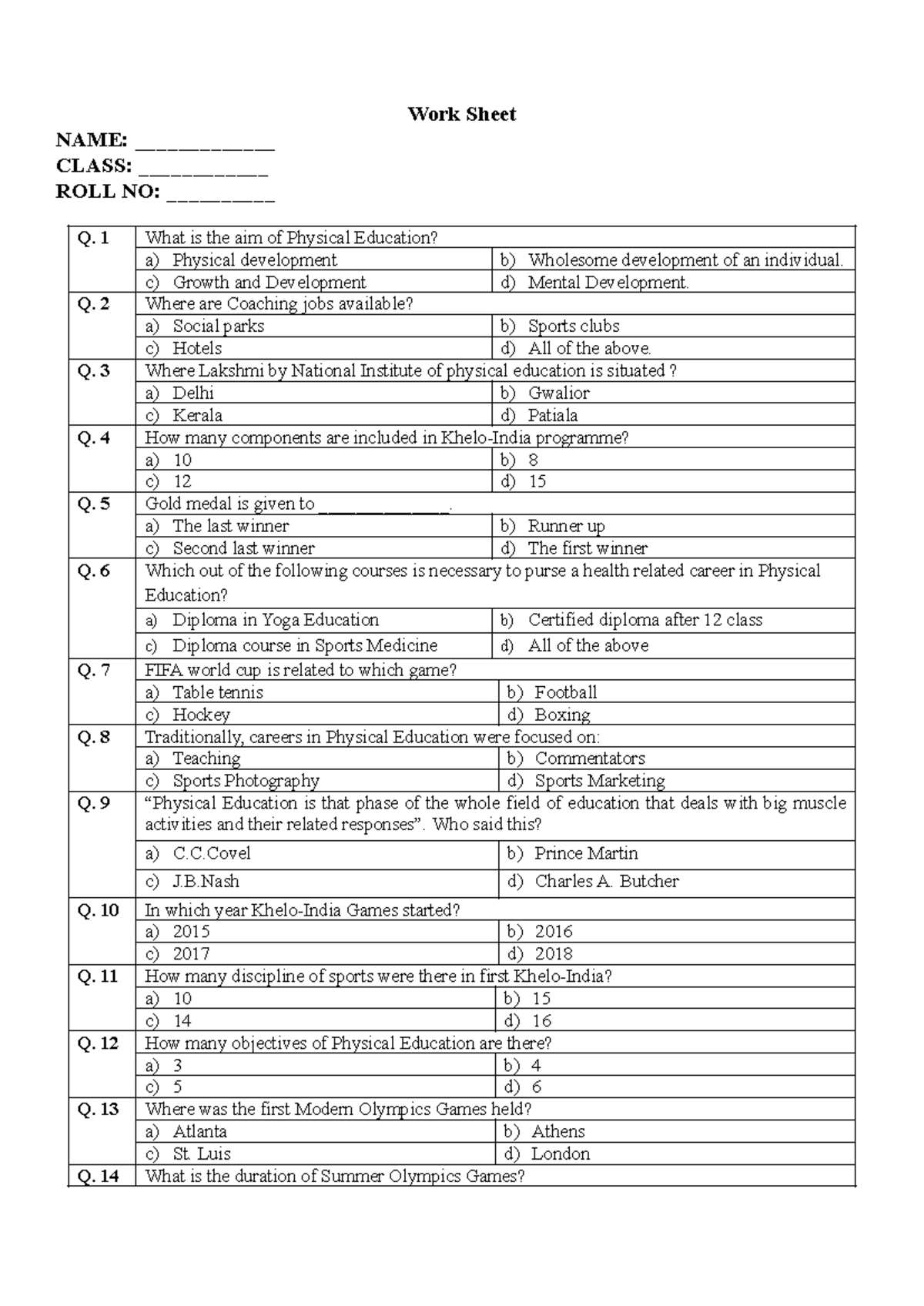 Physical Education Quiz Worksheet: Unit 1 & 2 - Studocu