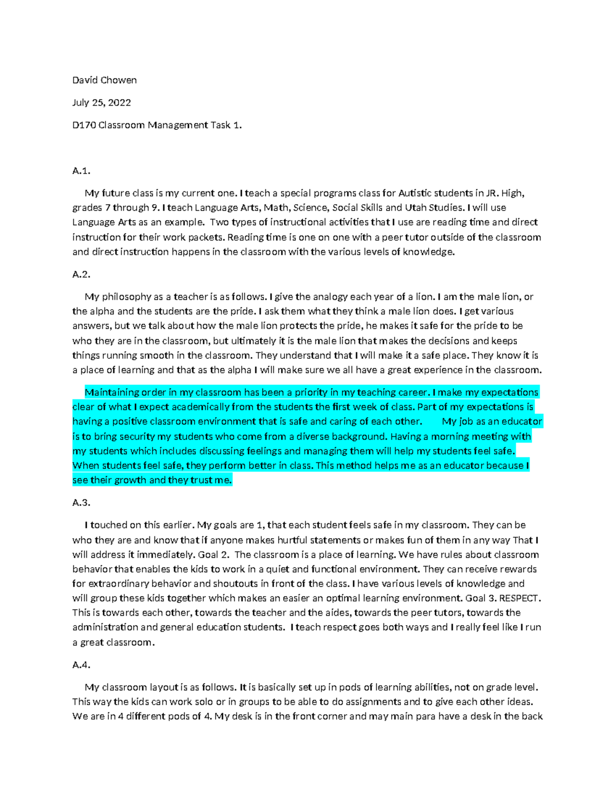 D170 Classroom Management Task 1: Strategies for Teaching Autistic ...