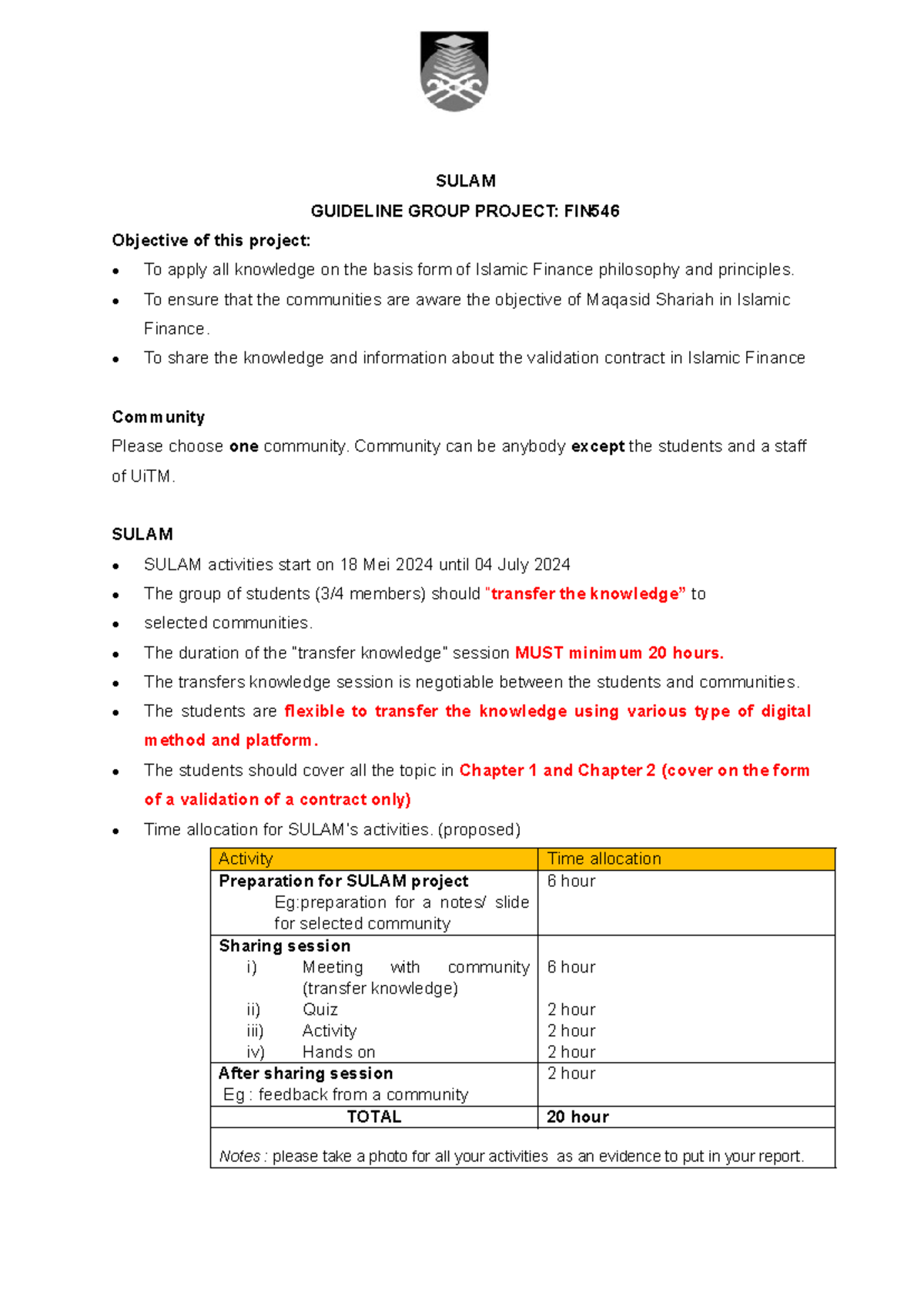 FIN546 SULAM Project Guidelines for Islamic Finance Community ...