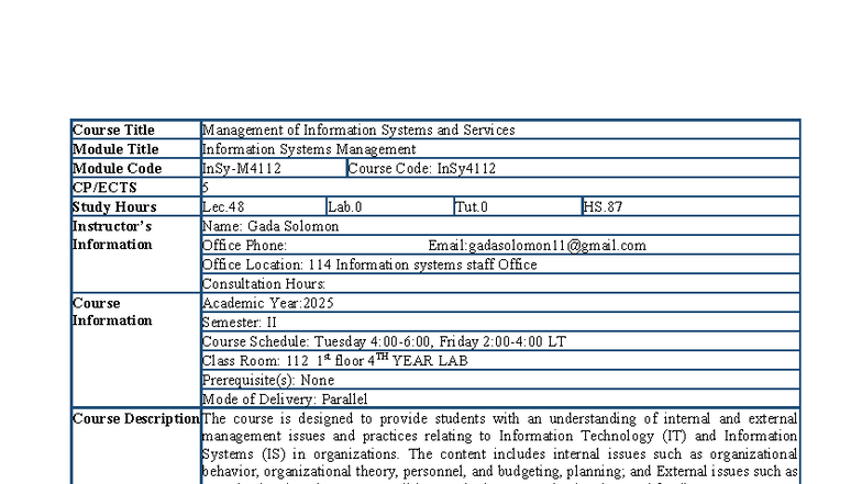 Management of Information Systems and Services Course Outline (InSy4112 ...