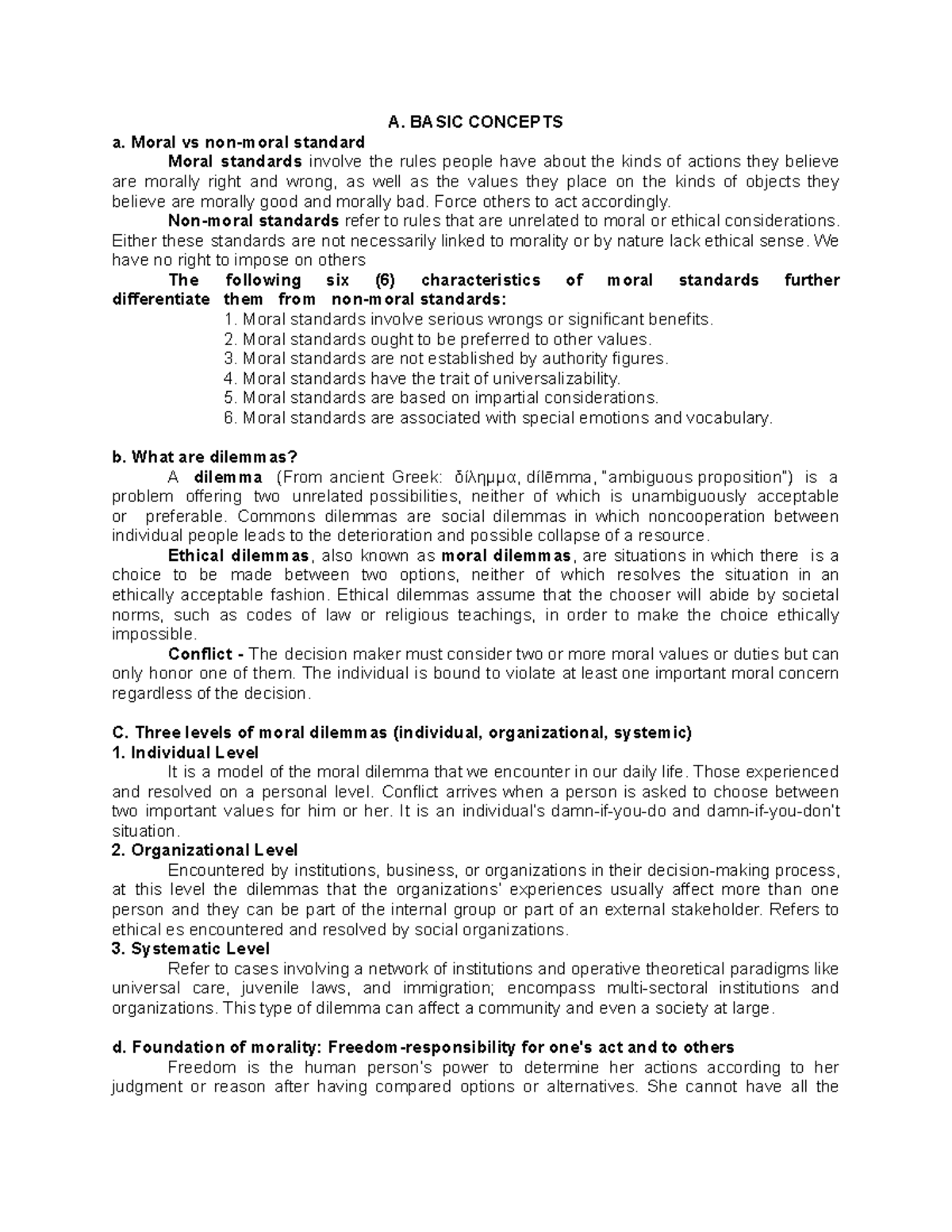 Ethics Handouts - Overview of Moral Standards and Dilemmas - Studocu