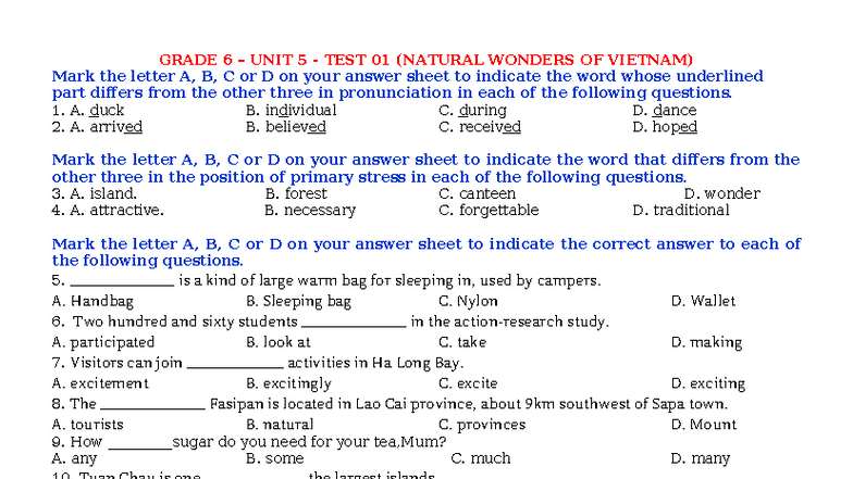 GRADE 6 UNIT 5 TEST 01: NATURAL WONDERS OF VIETNAM - Studocu