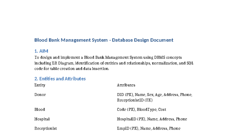 Blood Bank Management System DB Design Document - Studocu