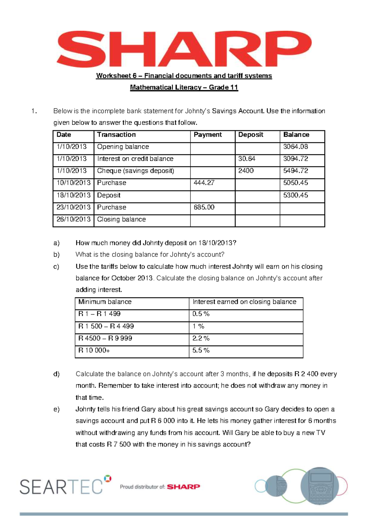 Grade 11 Math Literacy Worksheet 6: Financial Docs & Tariffs - Studocu