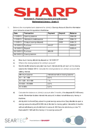 Worksheet 4 Financial Documents and Tariff Systems Grade 12 Math Lit ...