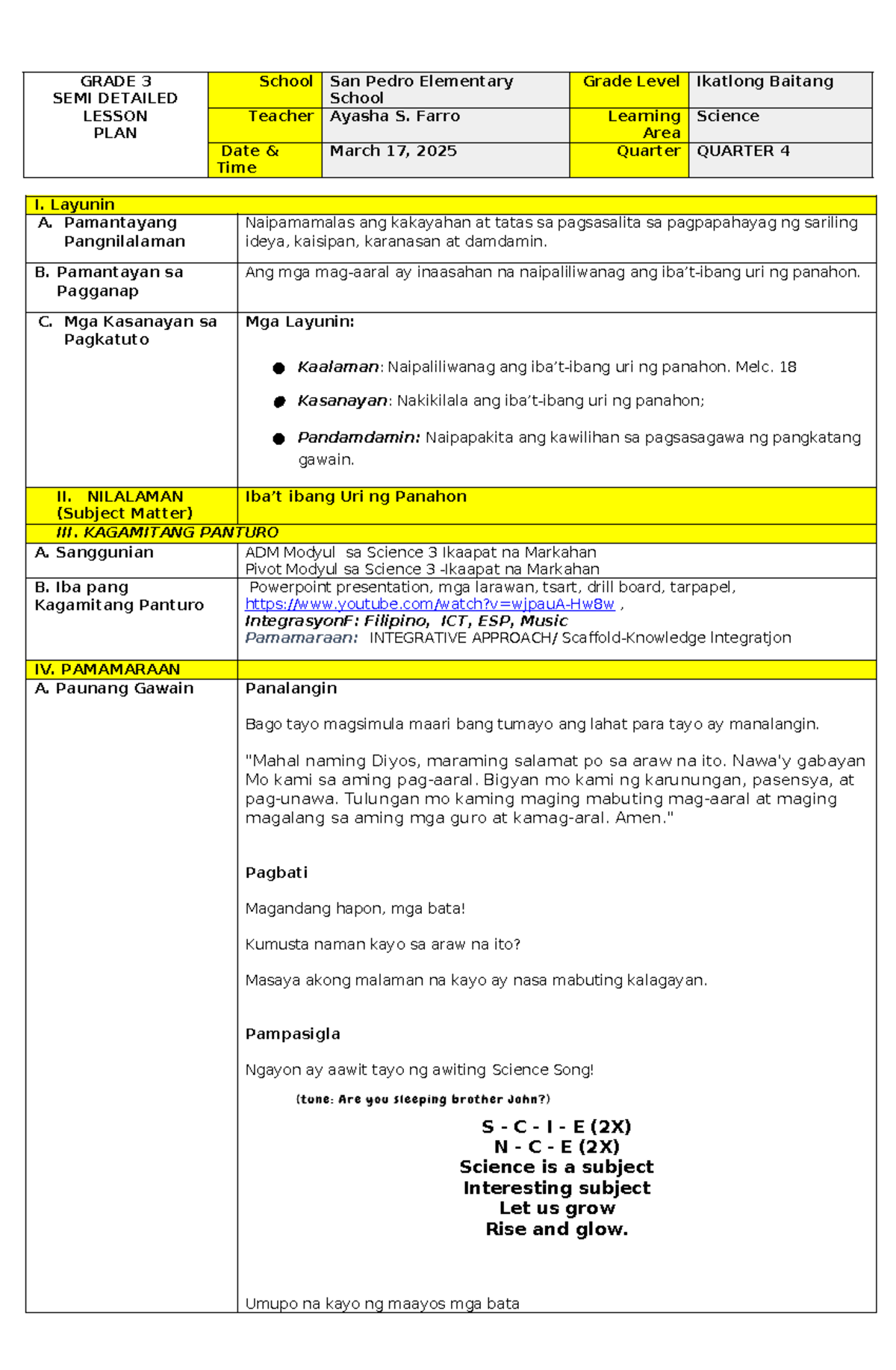 GRADE 3 SCIENCE SEMI DETAILED LESSON PLAN - QUARTER 4 - Studocu