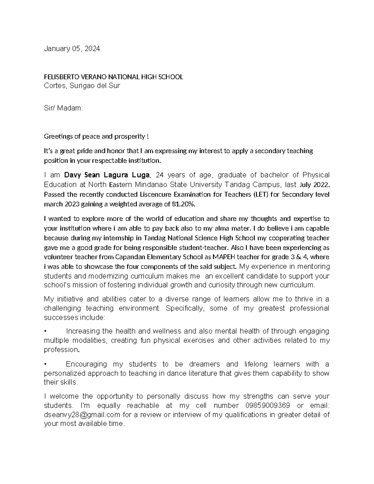 Deped - January 05, 2024 FELISBERTO VERANO NATIONAL HIGH SCHOOL Cortes ...