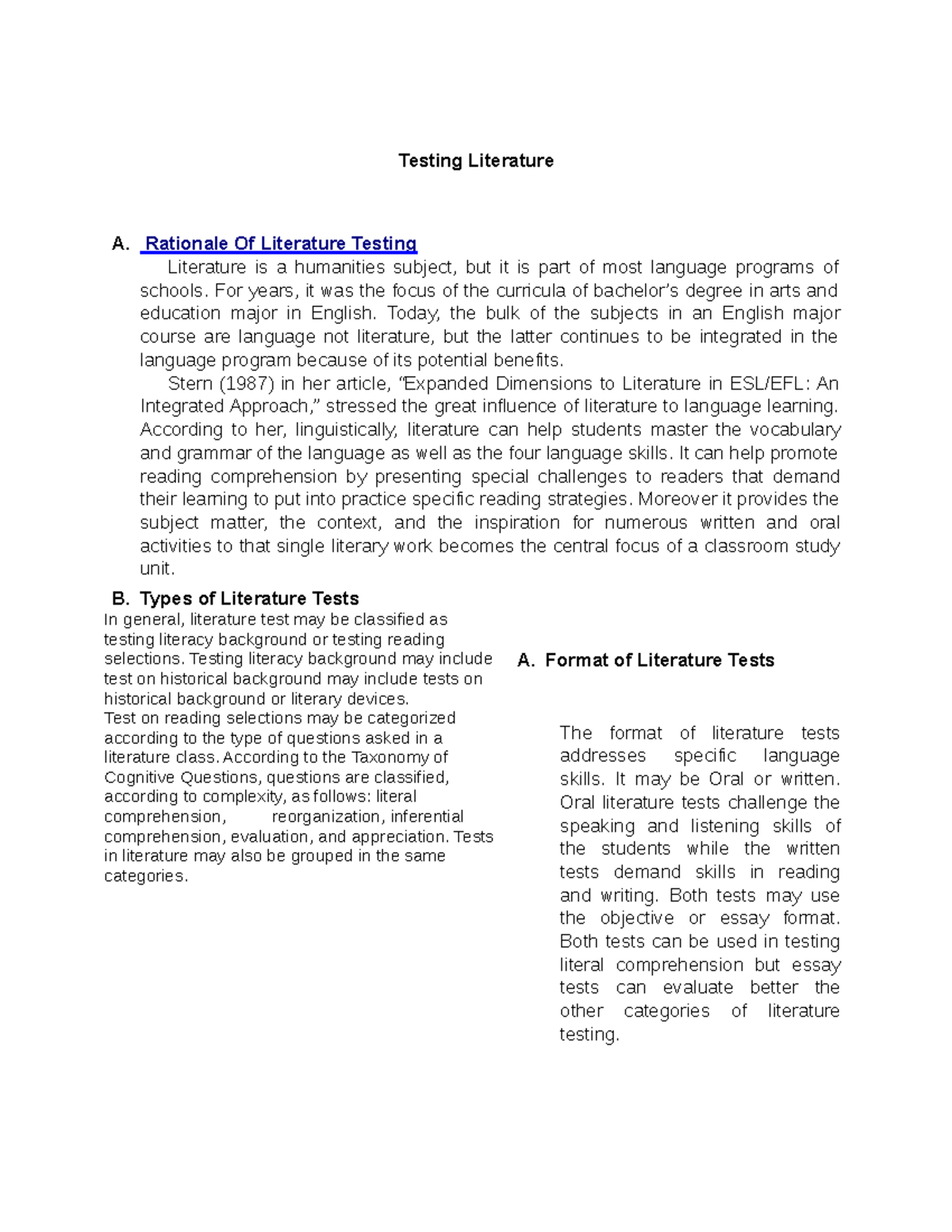 Chapter 9 - Analyzing Literature Testing Methods and Formats - Studocu