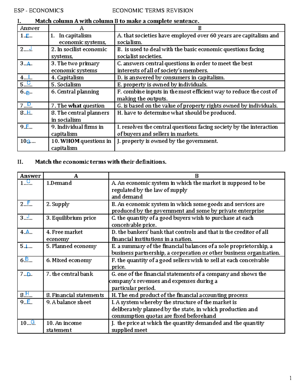 Definitions Revision - ANH KT (Economic Terms Matching Exercises) - Studocu