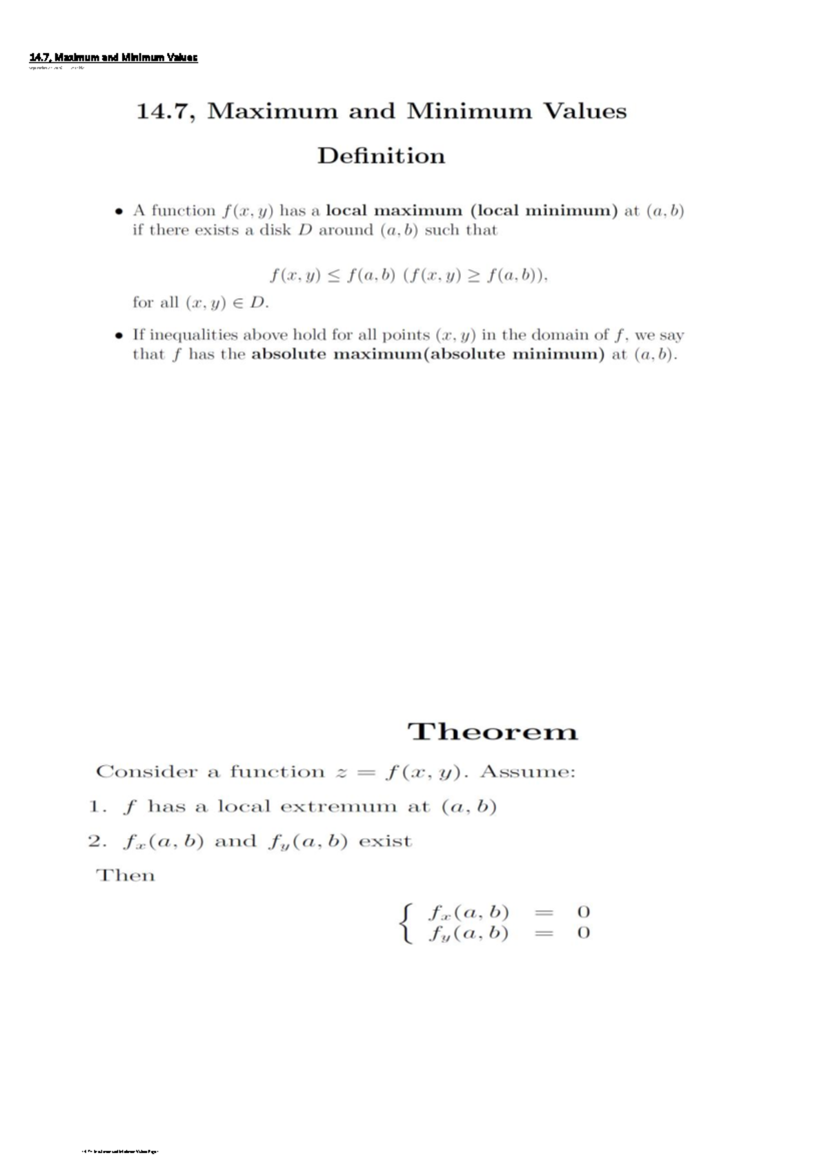 14.7, Maximum and Minimum Values - Math209 - 14, Maximum and Minimum ...