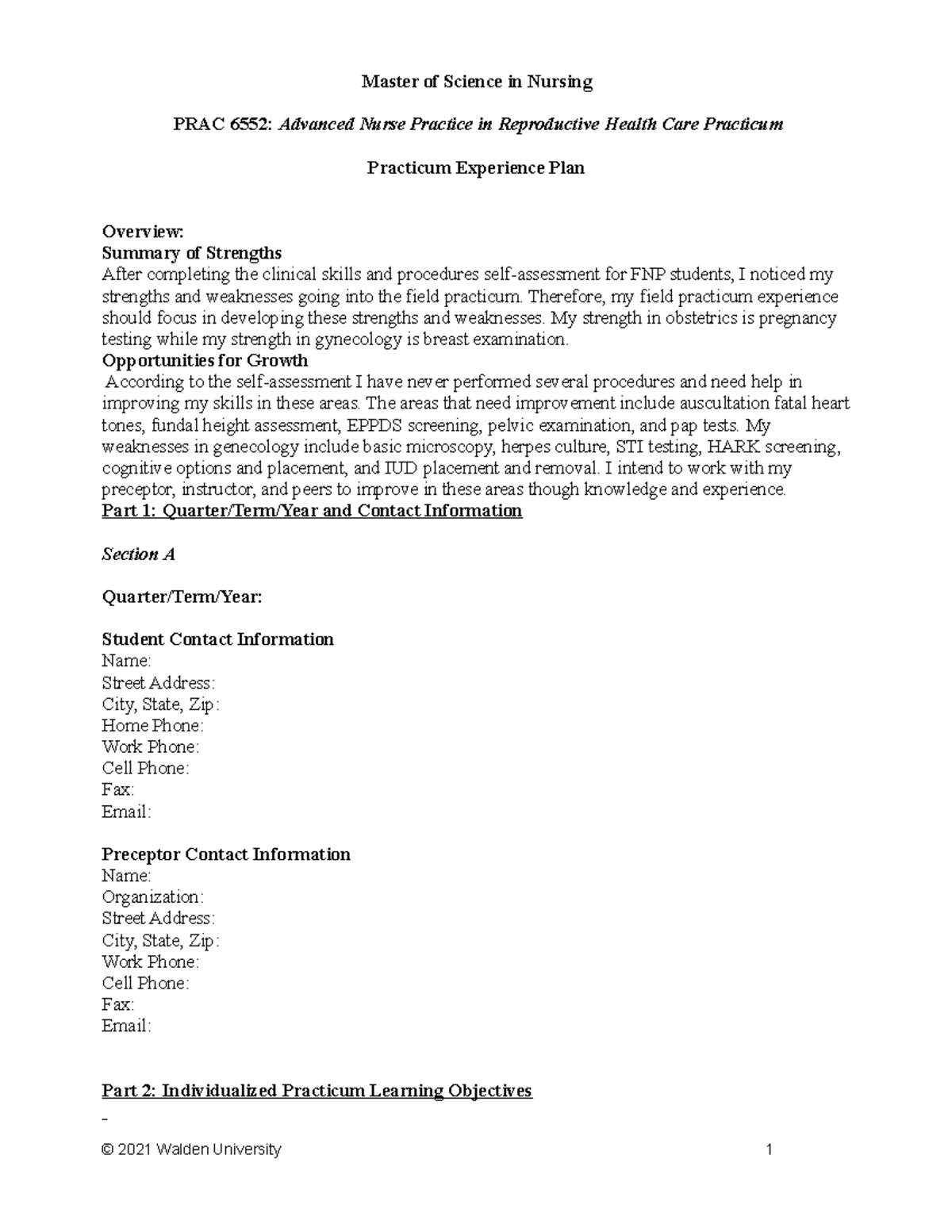 PRAC 6552 - Advanced Nurse Practice Practicum Experience Plan - Studocu