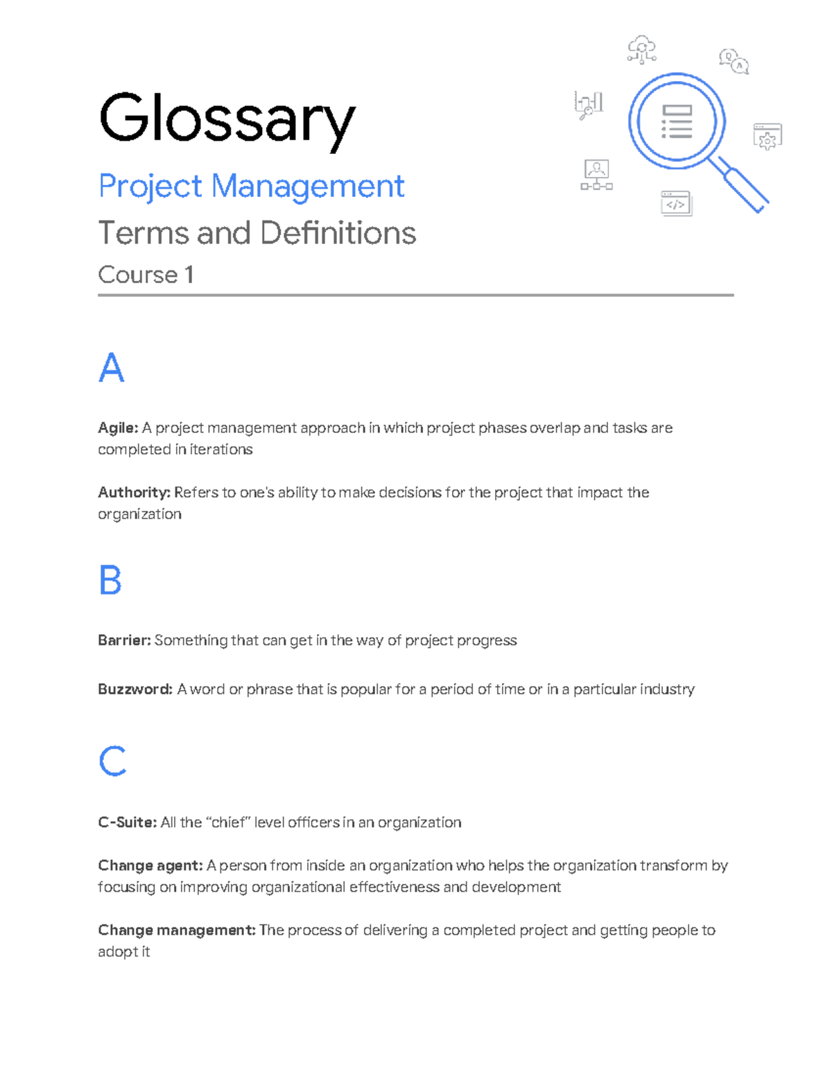 Course 1 Glossary of Project Management Terms and Definitions - Studocu