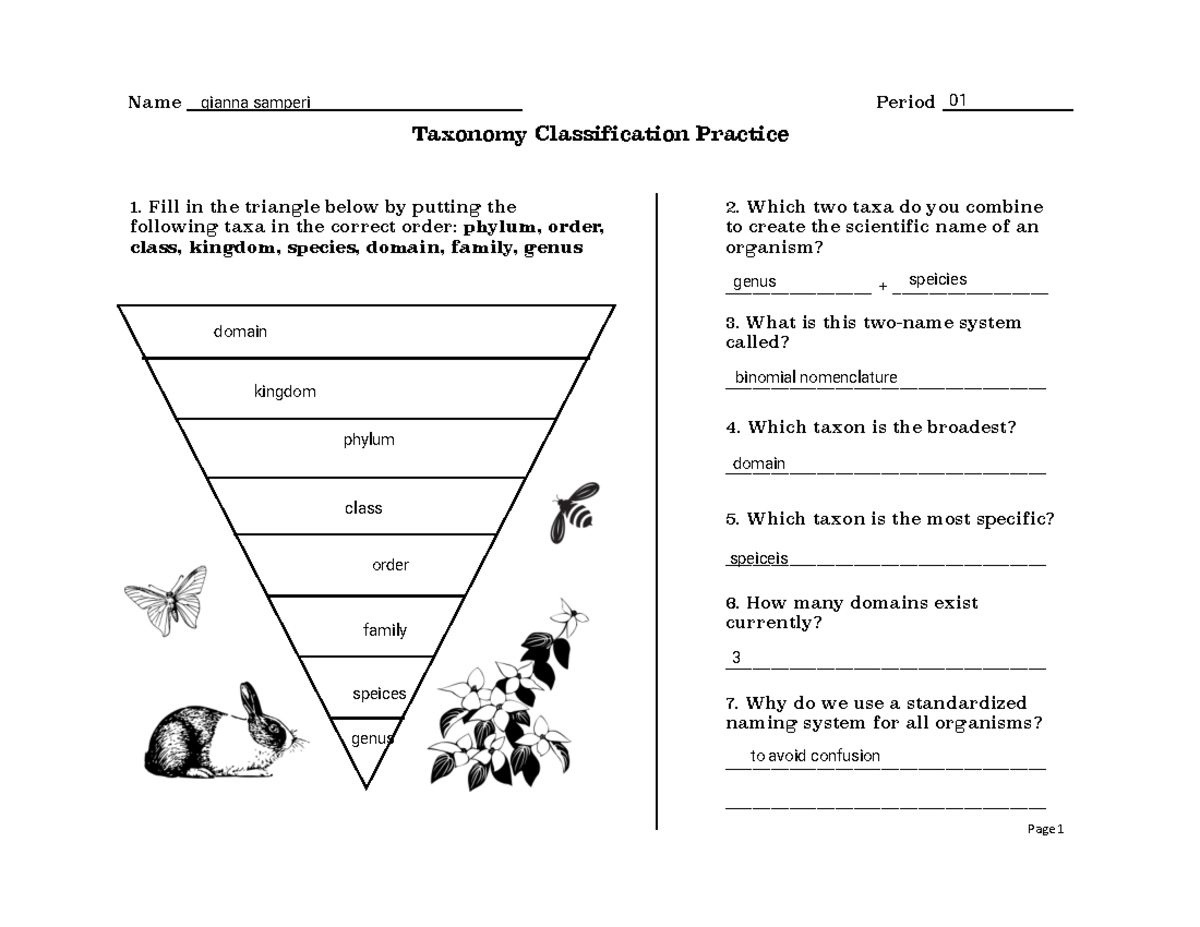 Taxonomy Classification Practice Worksheet - Period 01 - Studocu