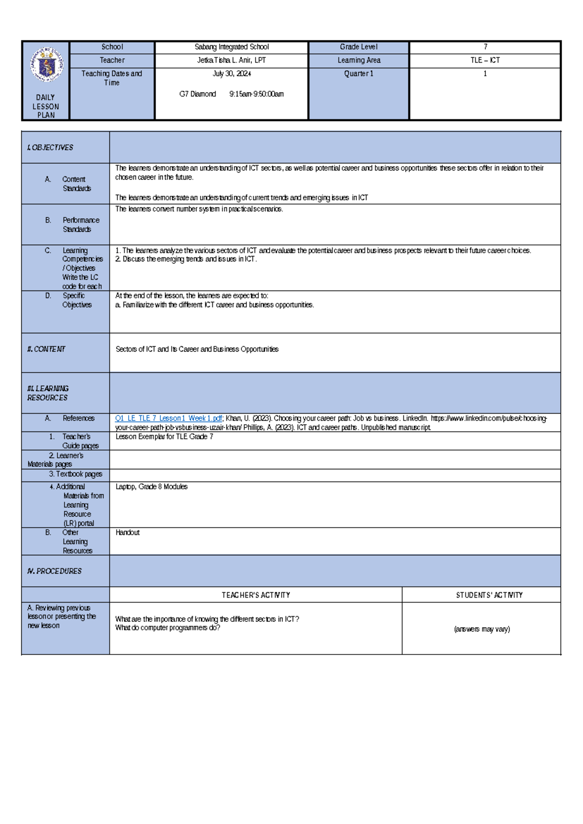 TLE-7-DLP-Q1 L2 - Exploring ICT Sectors and Career Opportunities - Studocu
