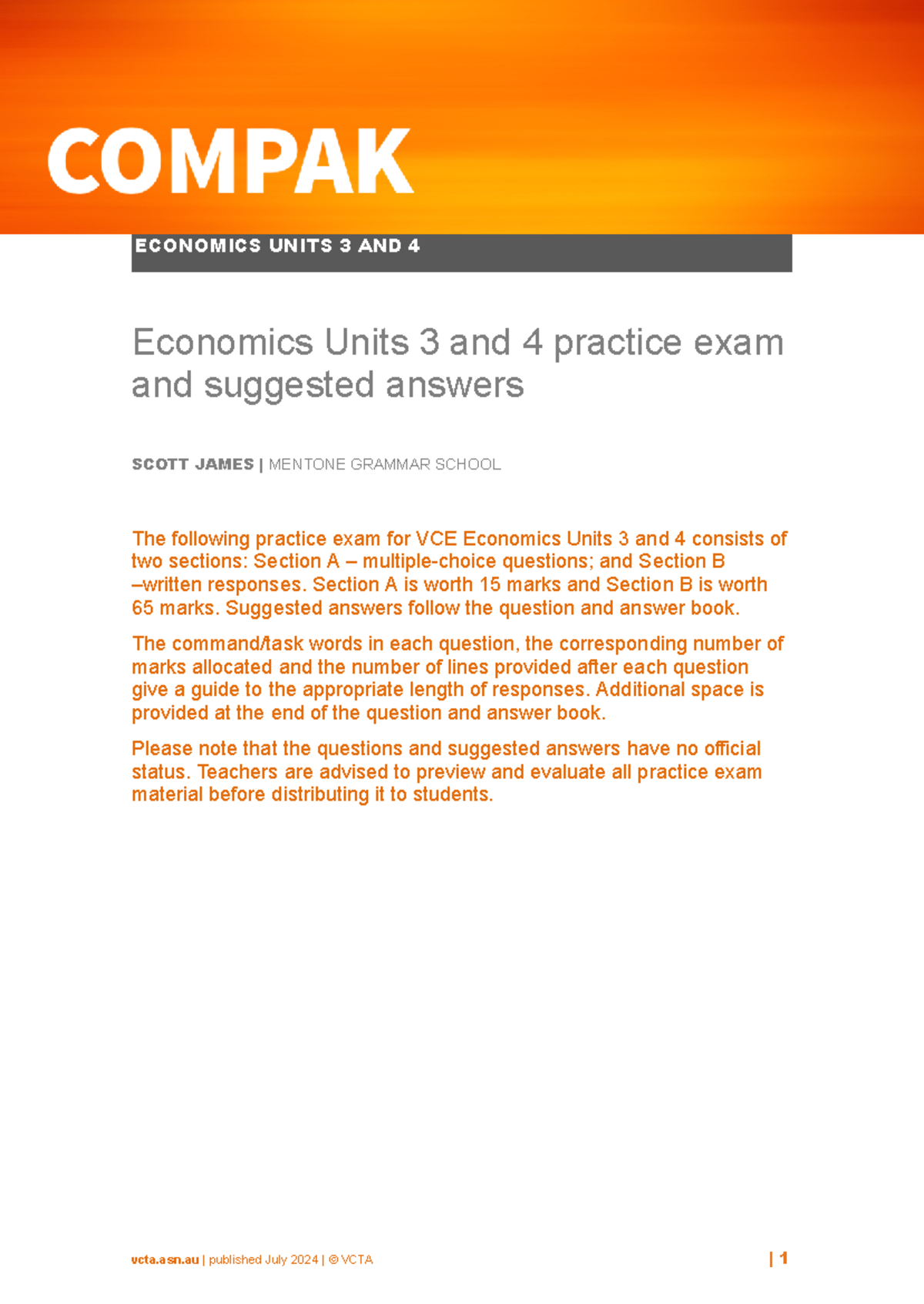 VCTA 2024 Economics Units 3 & 4 Practice Exam with Solutions - Studocu