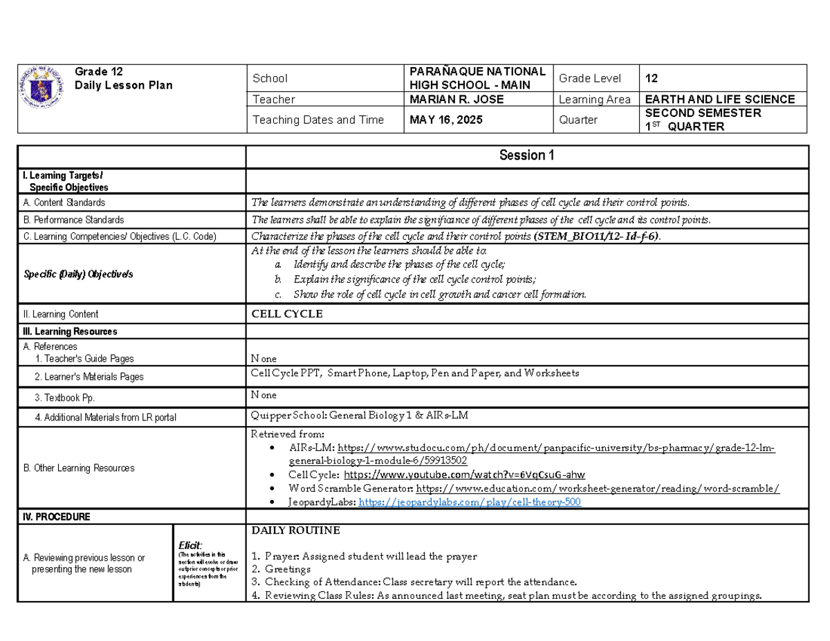 Grade 12 DLP: Exploring the Cell Cycle in Earth and Life Science - Studocu