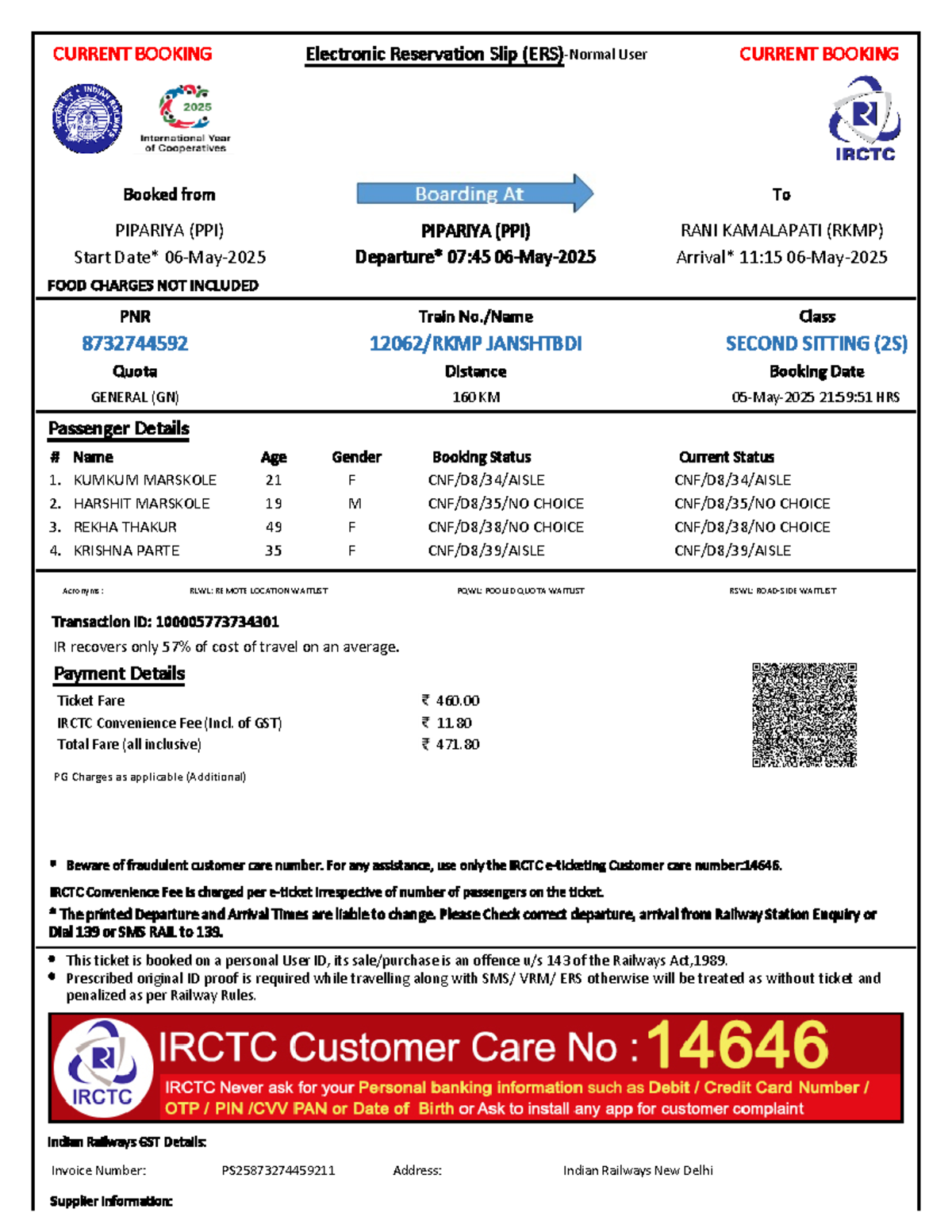 History Assignment: PNR 8732744592 - Electronic Reservation Slip ...