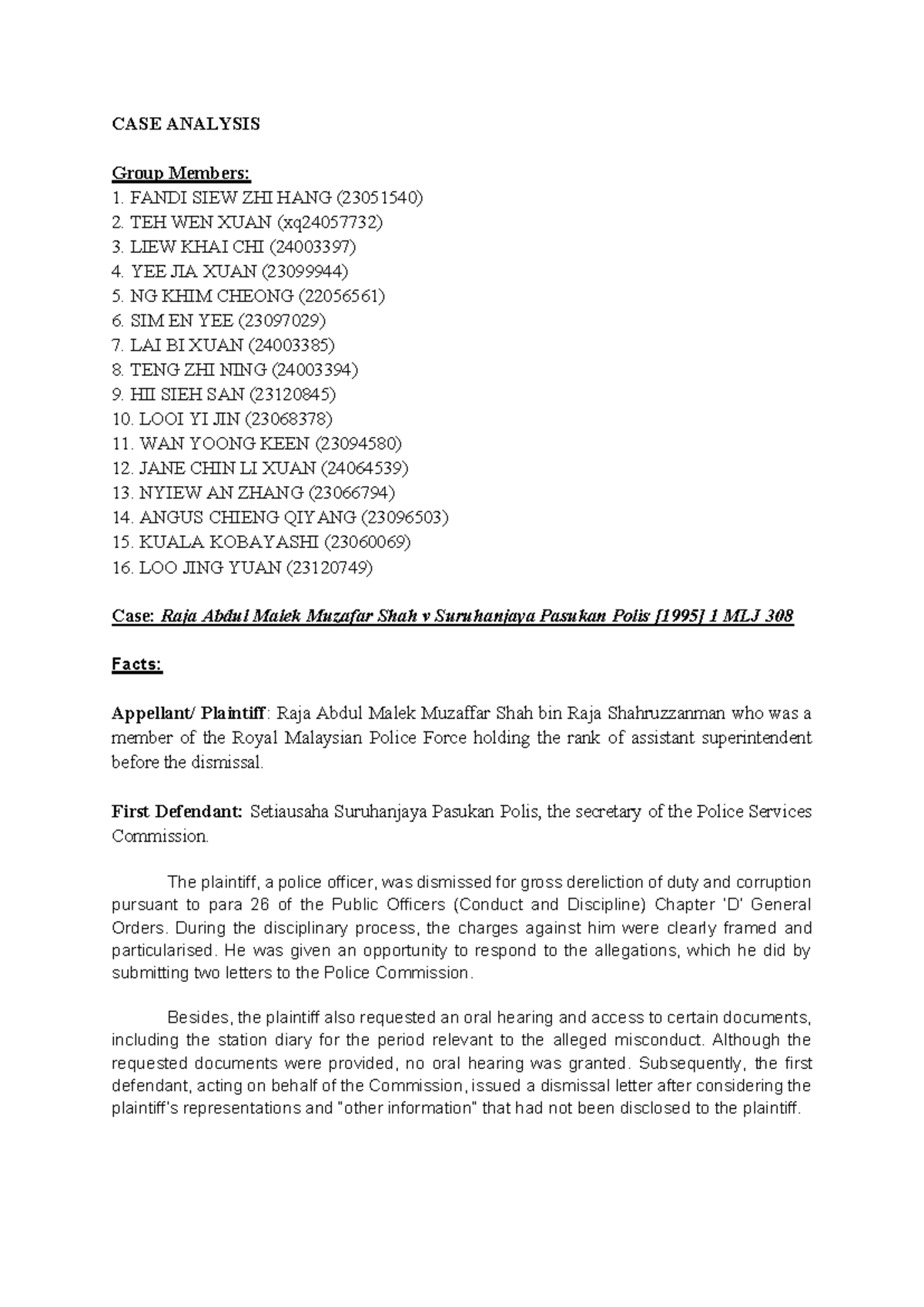 CASE STUDY: Raja Abdul Malek Muzafar Shah v Suruhanjaya Pasukan Polis ...