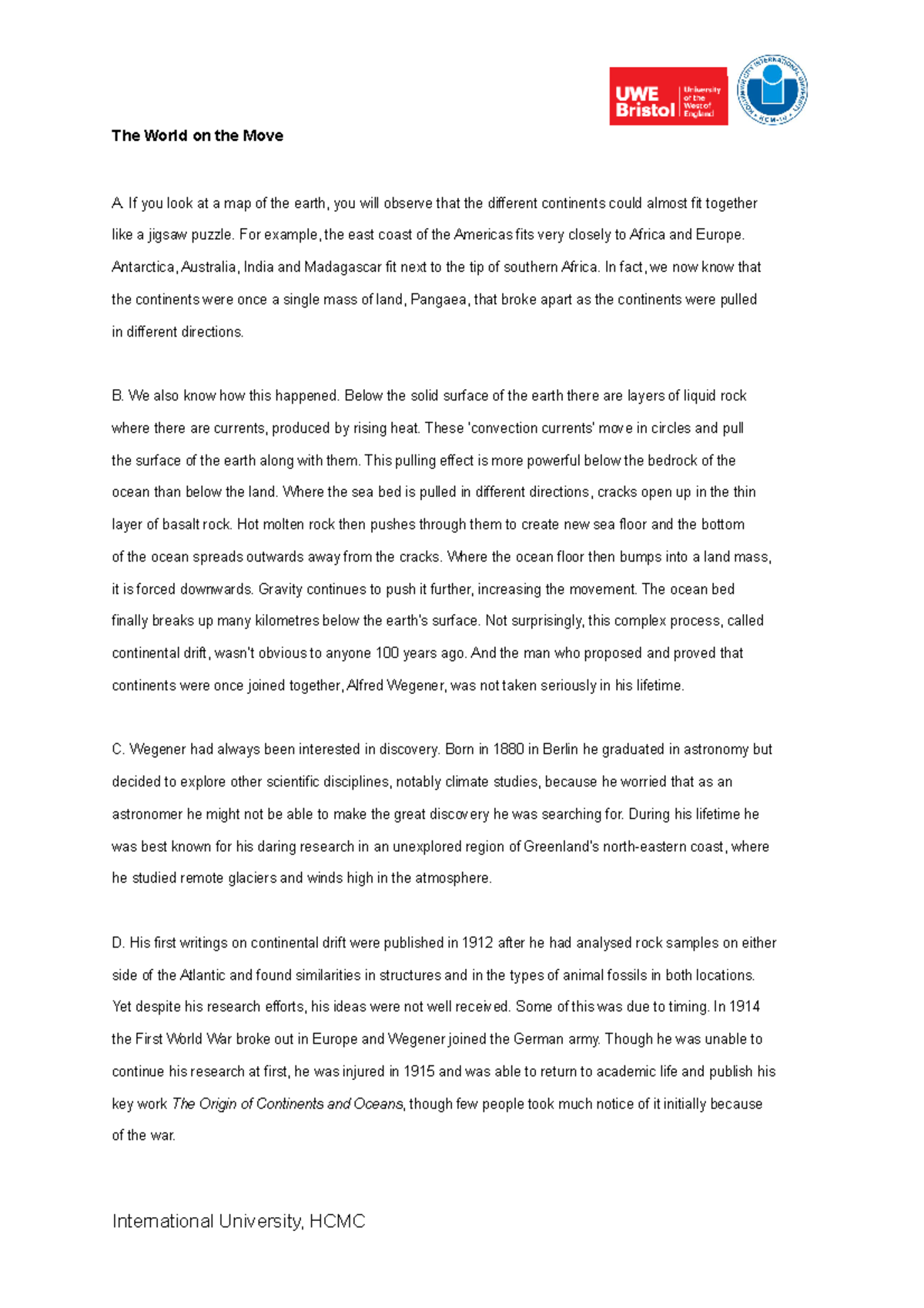 Reading Text The World on the Move - The World on the Move A. If you ...