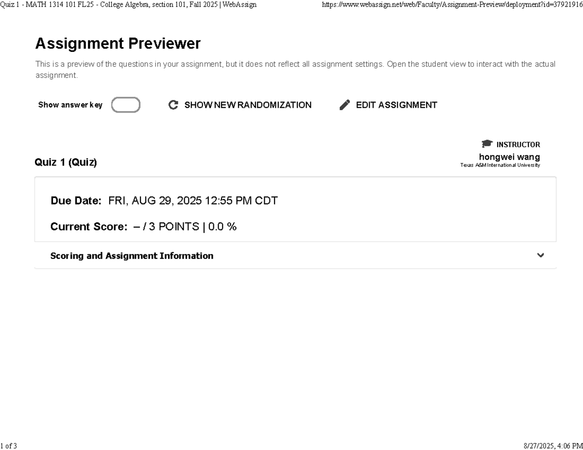 Quiz 1 Preview - MATH 1314 101 FL25 College Algebra, Fall 2025 - Studocu