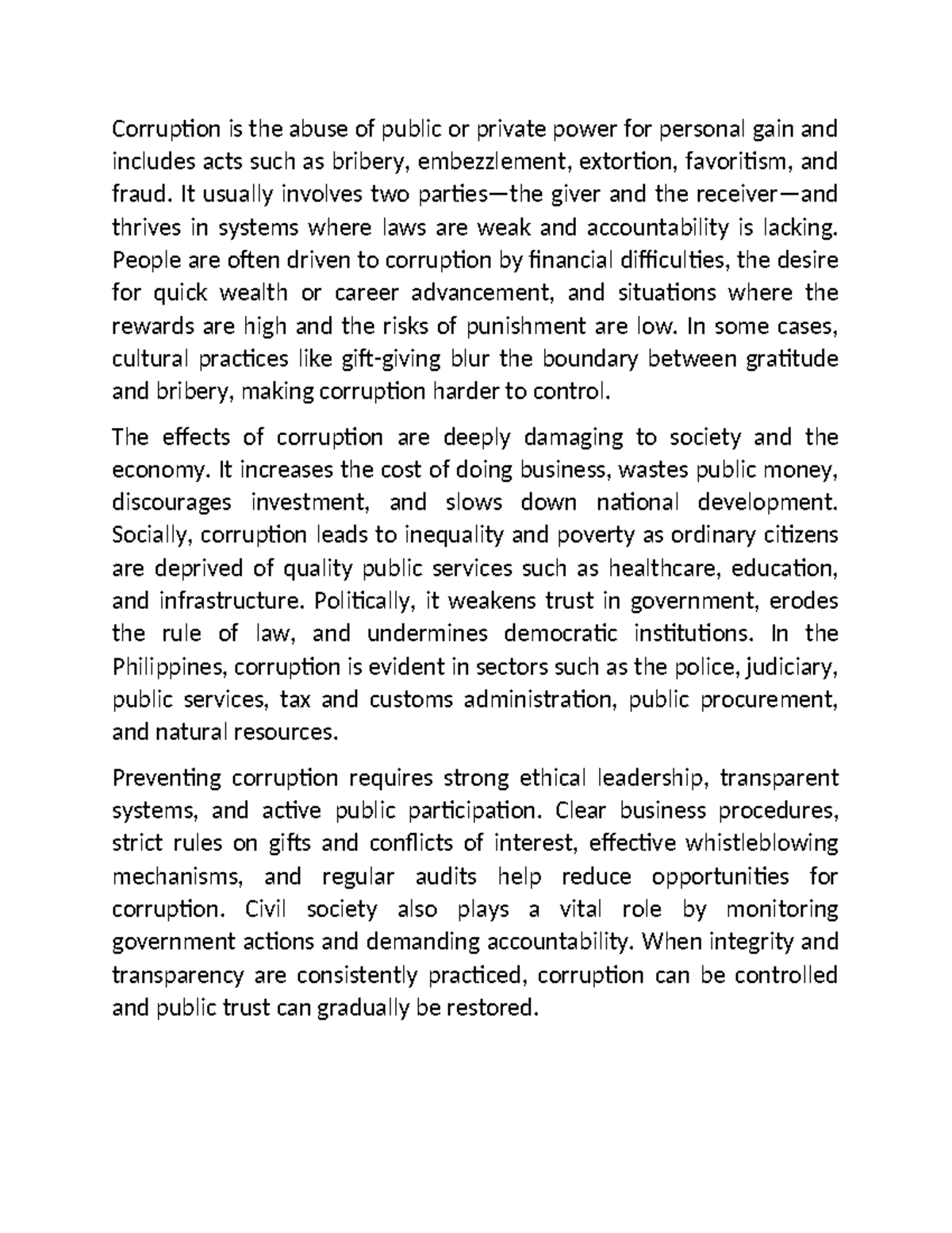 Summary of Corruption: Causes, Effects, and Prevention Strategies - Studocu