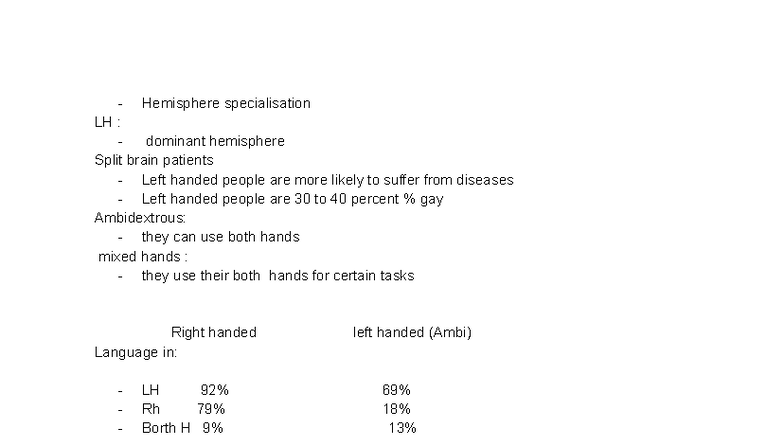 Biology of mind - notes - Hemisphere specialisation LH : dominant ...