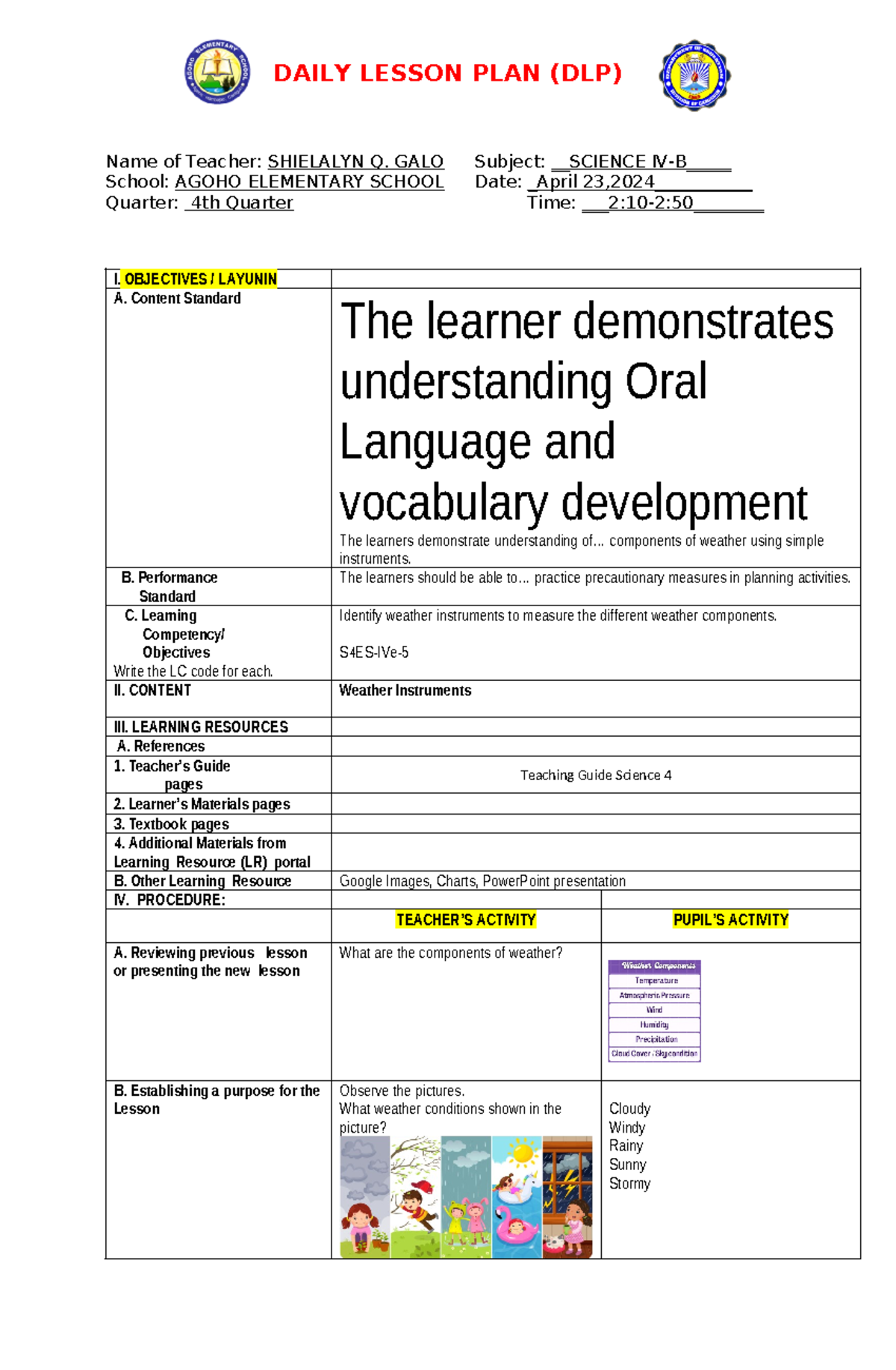 Science IV-B Daily Lesson Plan: Understanding Weather Instruments - Studocu