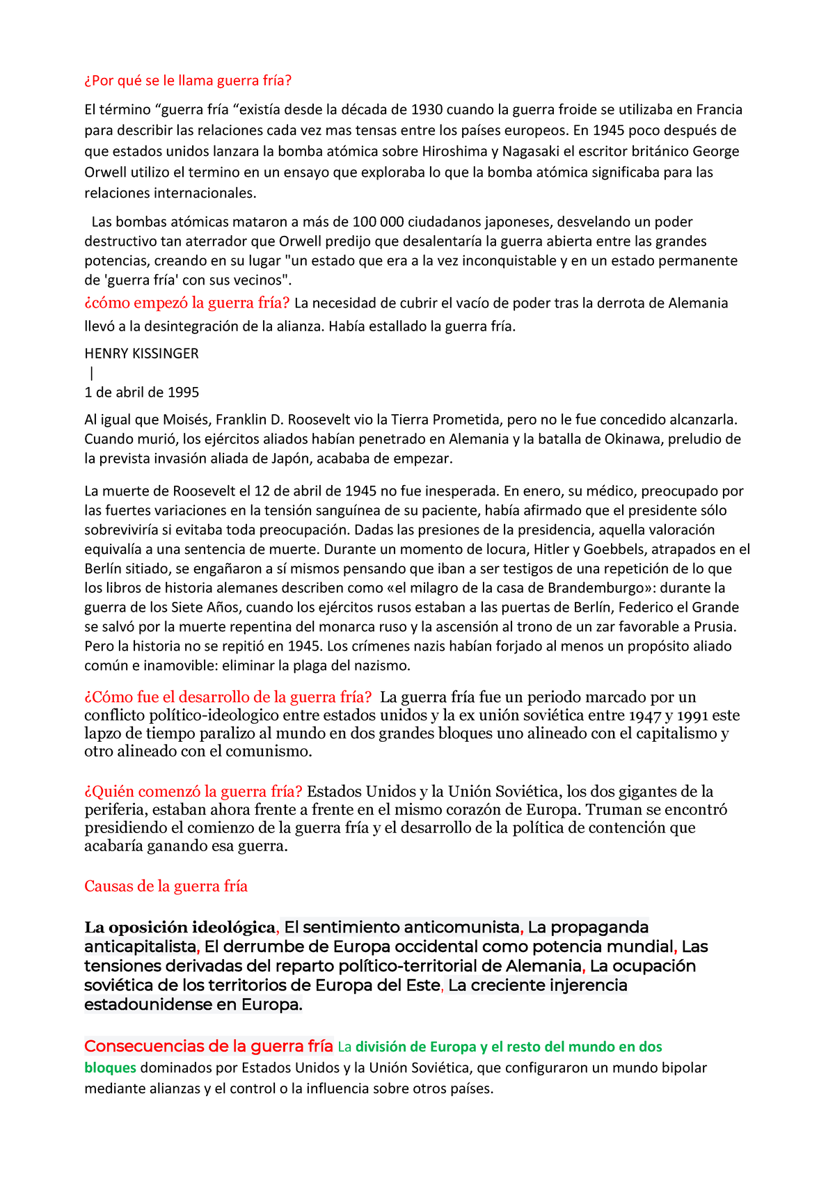 Análisis sobre la Guerra Fría: Orígenes y Consecuencias - Studocu