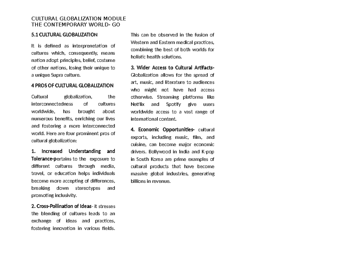 4 Pros of Cultural Globalization - CULTURAL GLOBALIZATION MODULE THE ...