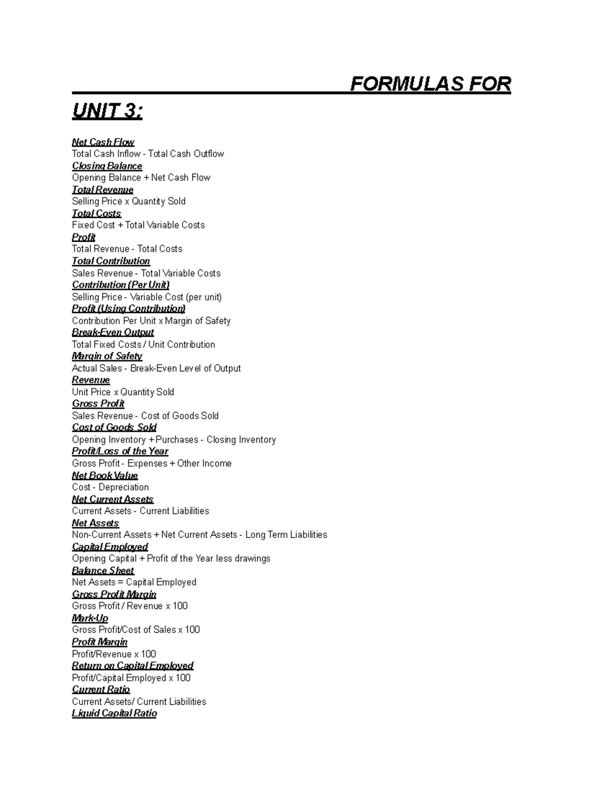 UNIT 3 - Formulae Sheet AND Revision Resourses - FORMULAS FOR UNIT 3 ...