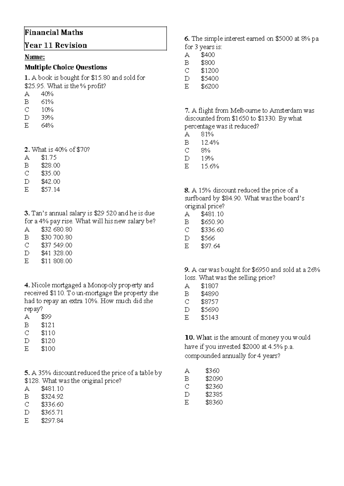 Year 11 Financial Maths Revision: MCQ & Short Answer Practice - Studocu