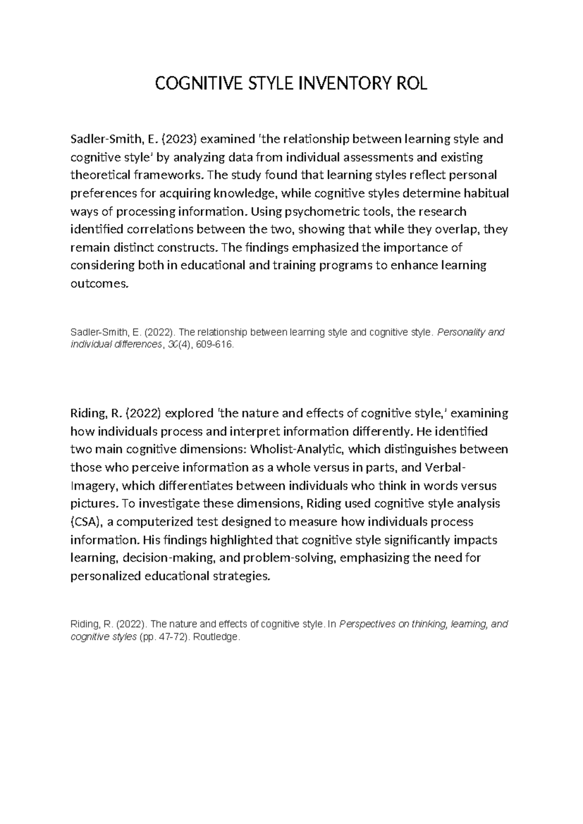 Cognitive Style Inventory: Examining Learning and Processing Styles ...