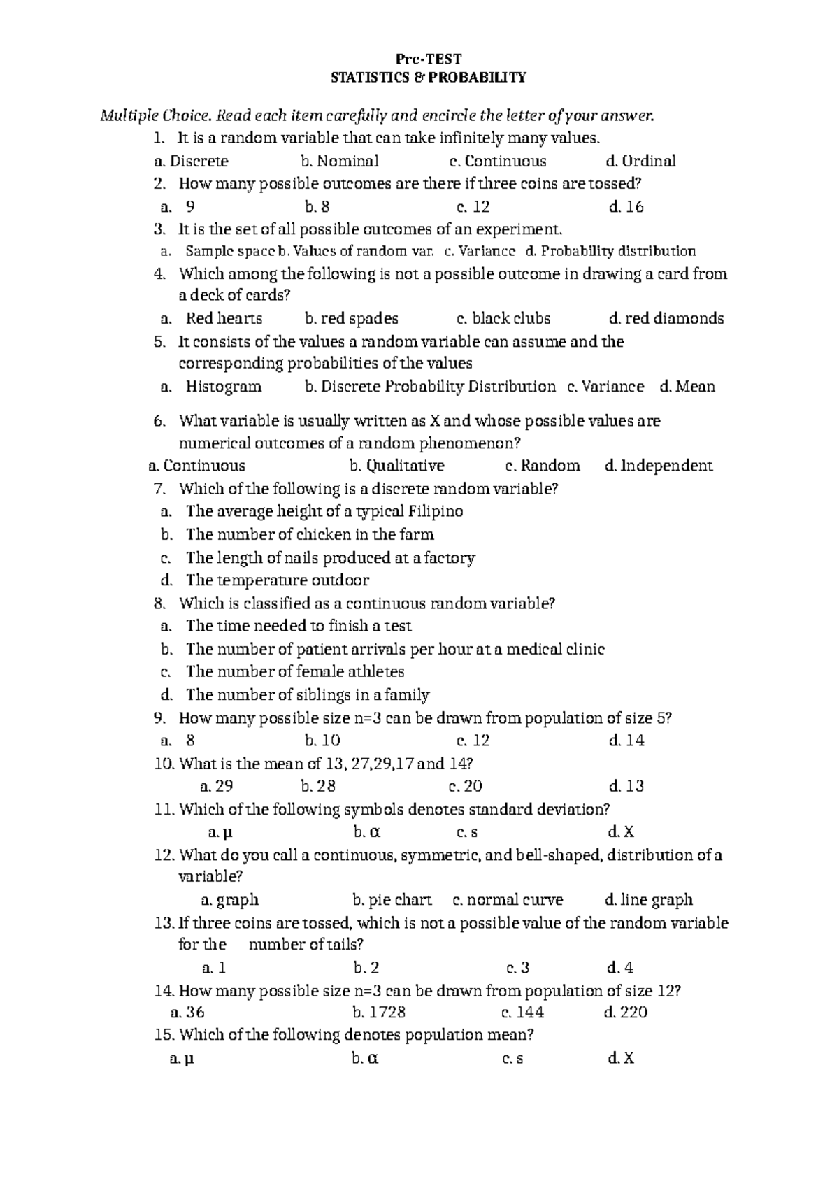 Pretest Statistics and Probability - Pre-TEST STATISTICS & PROBABILITY ...