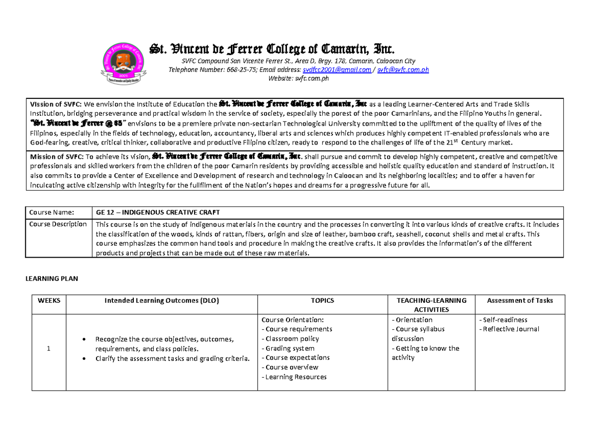 GE 12 - Indigenous Creative Crafts Course Syllabus Overview - Studocu