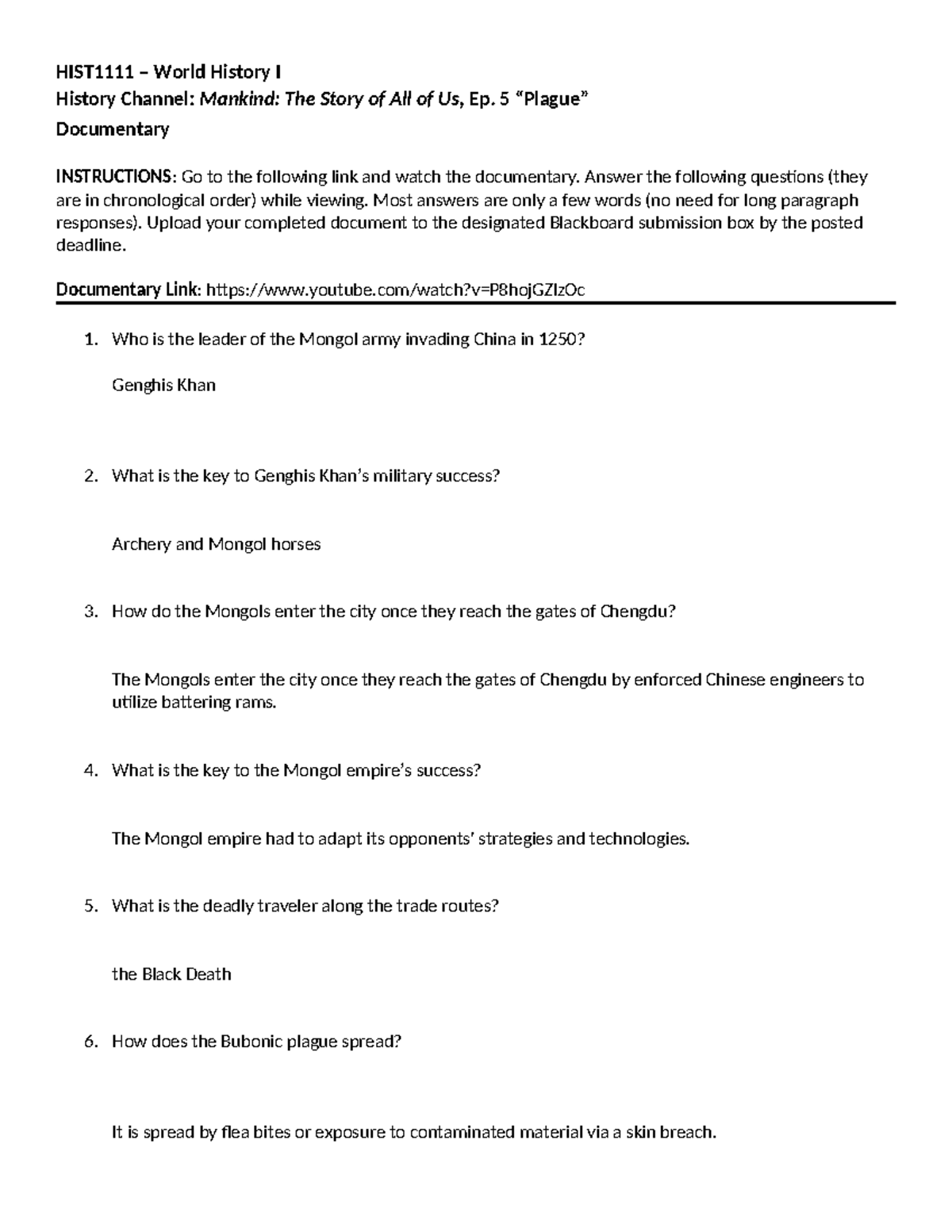 HIST1111 Final Exam Study Guide: The Plague and Mongol Empire - Studocu