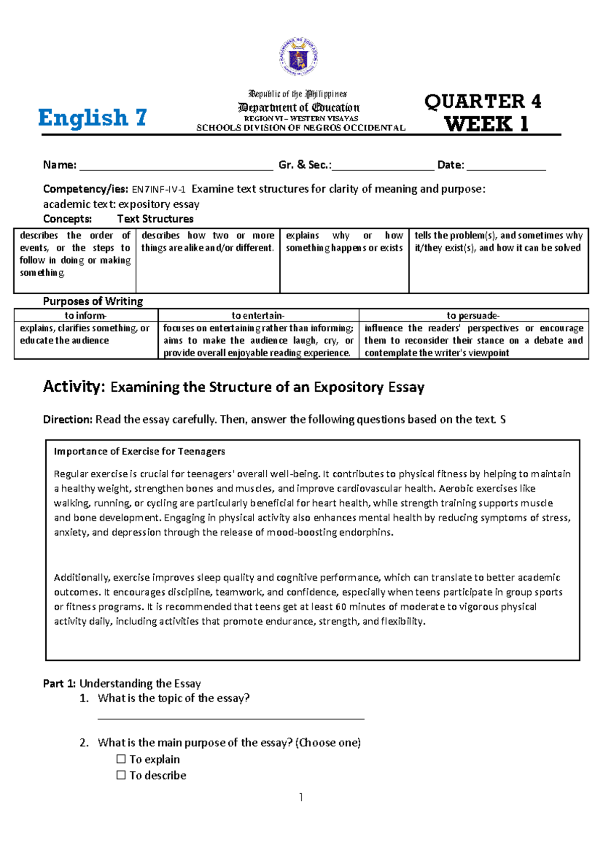 ELK English 7 Q4 Week 1 - Expository Essay Learning Kit - Studocu