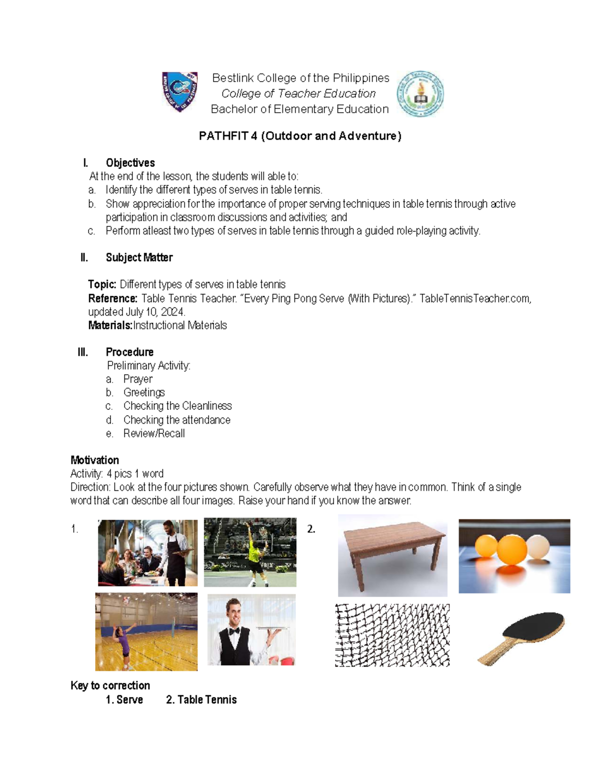 PE 3 Lesson Plan: Mastering Table Tennis Serves Techniques - Studocu