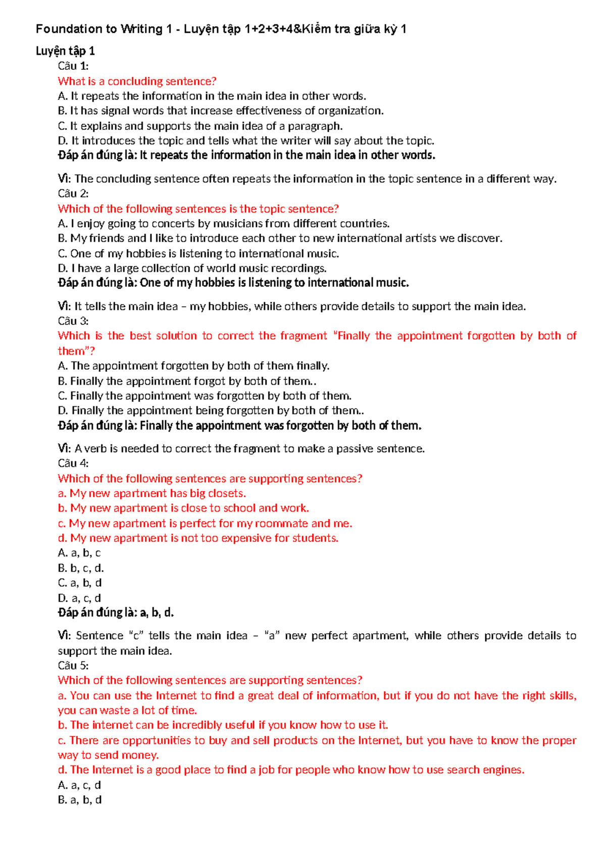 Luyện tập và Kiểm tra giữa kỳ 1 - Foundation to Writing 1 - Studocu