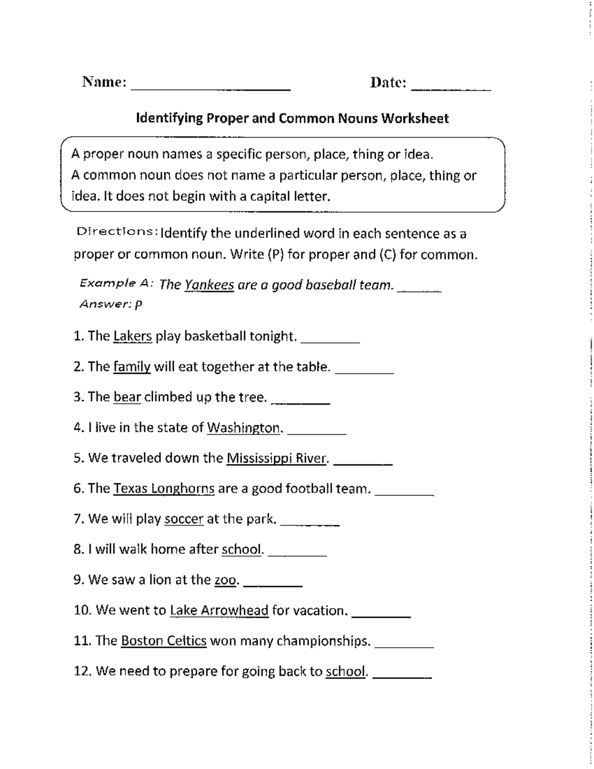 ELA-Common and Proper Nouns Worksheet with Examples & Directions - Studocu