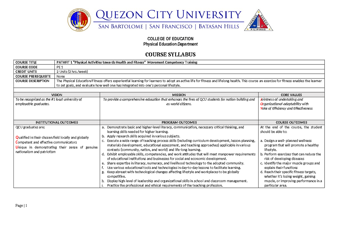 Pathfit 1 Movement Competency Training - COLLEGE OF EDUCATION Physical ...