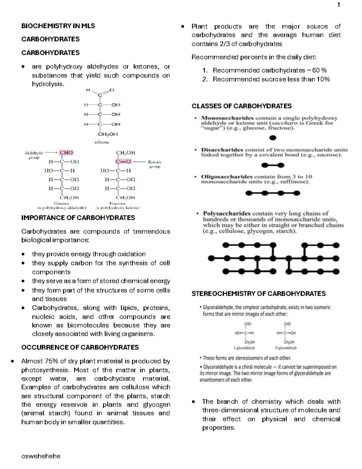 Biochem Carbohydrates Prelim Biochemistry In Mls Carbohydrates