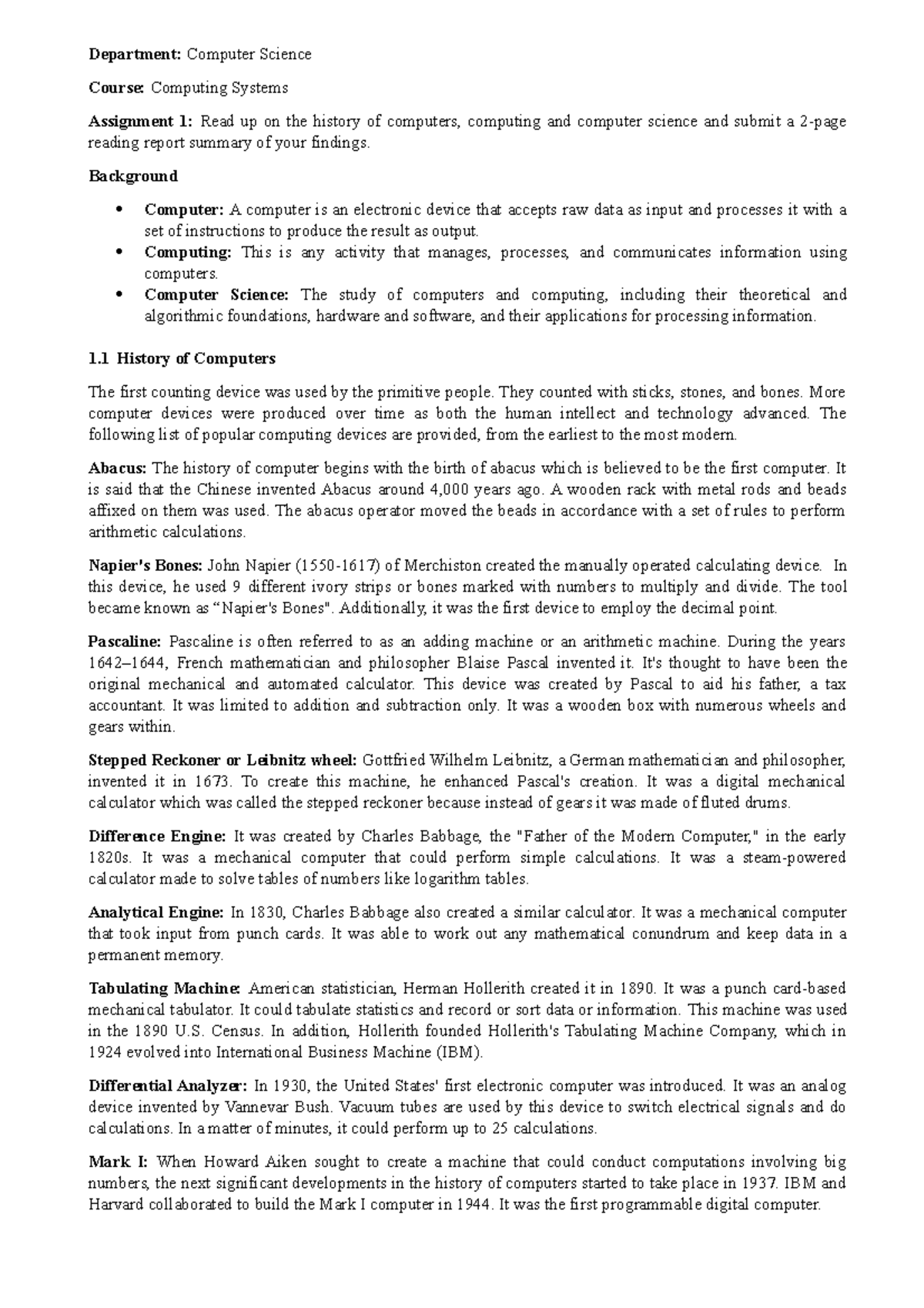 History of Computers in Computing Systems (CS 101) - Assignment 1 - Studocu