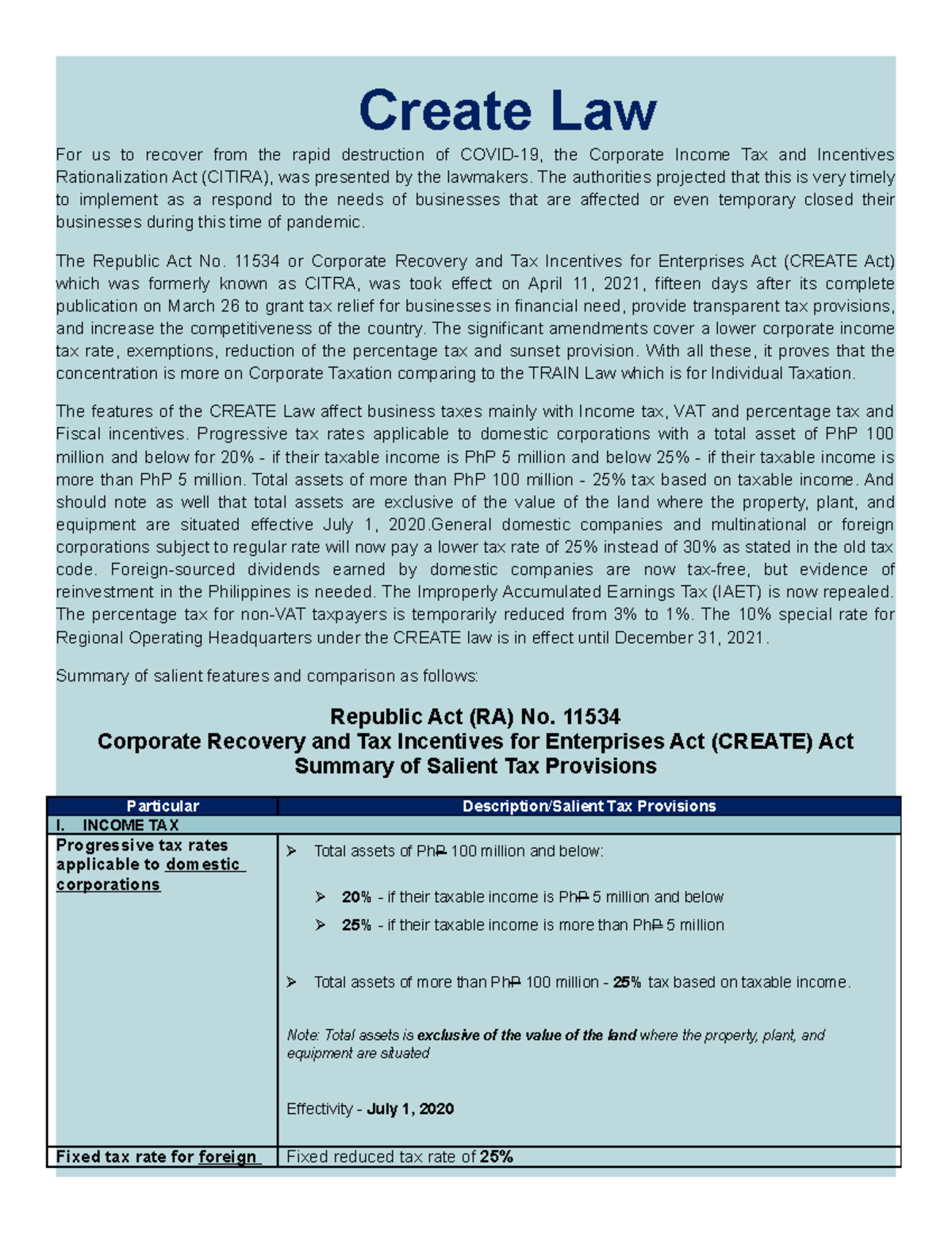 Summary of Create Law:Republic Act (RA) No. 11534 Corporate Recovery ...