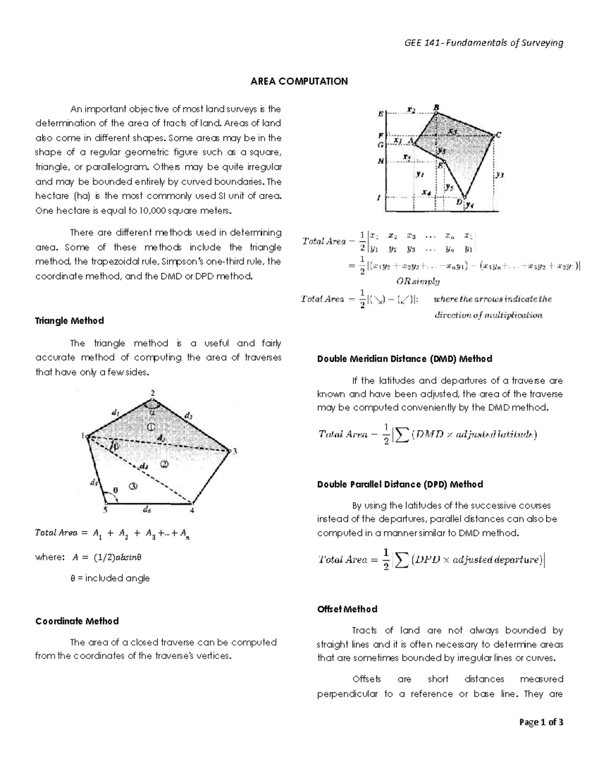 GEE141 Lecture Notes: Area Computation in Surveying Techniques - Studocu