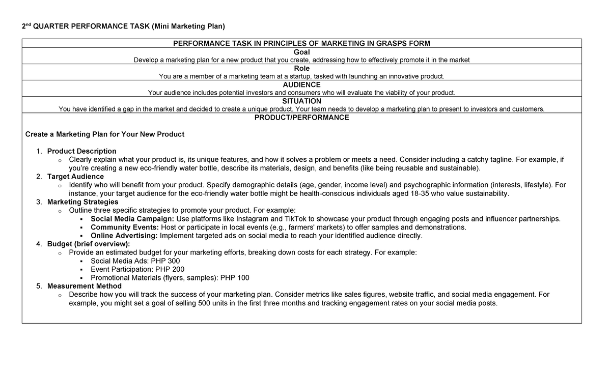 MKTG 201: 2nd Quarter Performance Task - Mini Marketing Plan Guide ...