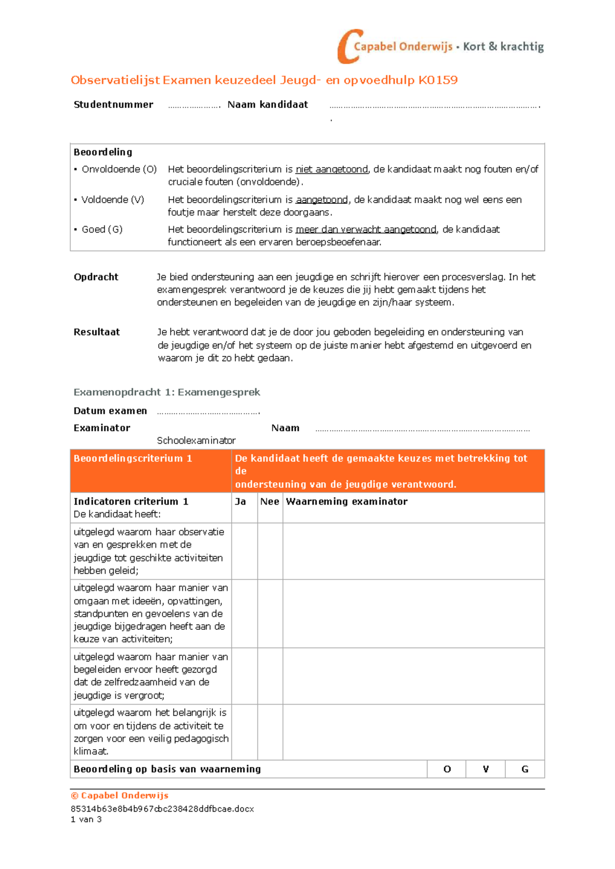Observatielijst Examen K0159: Begeleiding en Ondersteuning Jeugdige ...