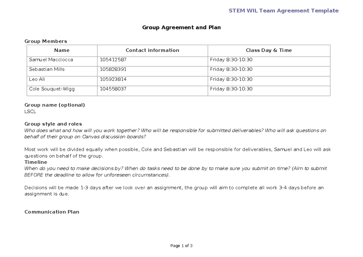 STEM WIL Group Agreement Template: Collaboration & Communication Plan - Studocu