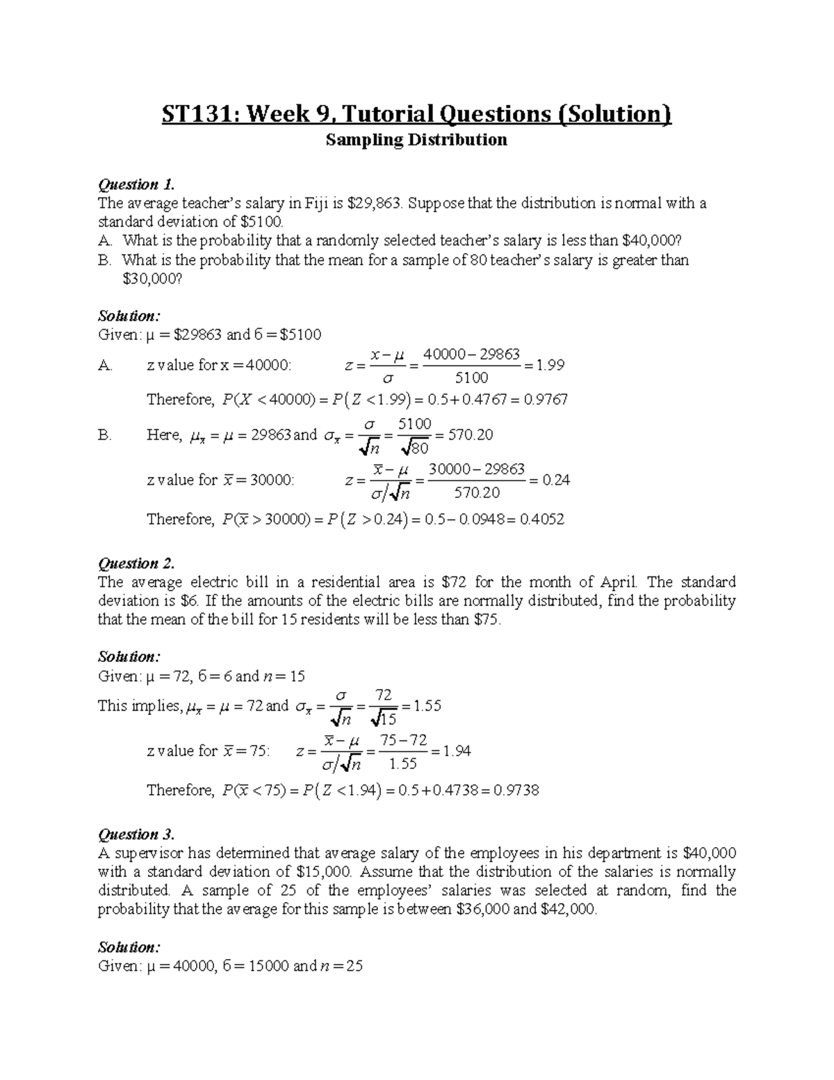 ST131: Week 9 Tutorial Questions Solutions on Sampling Distributions ...